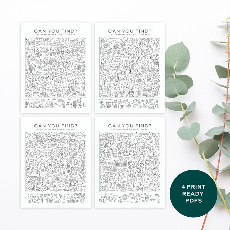 Set of Four Hidden Objects Wedding Game, Wedding Reception Games ...