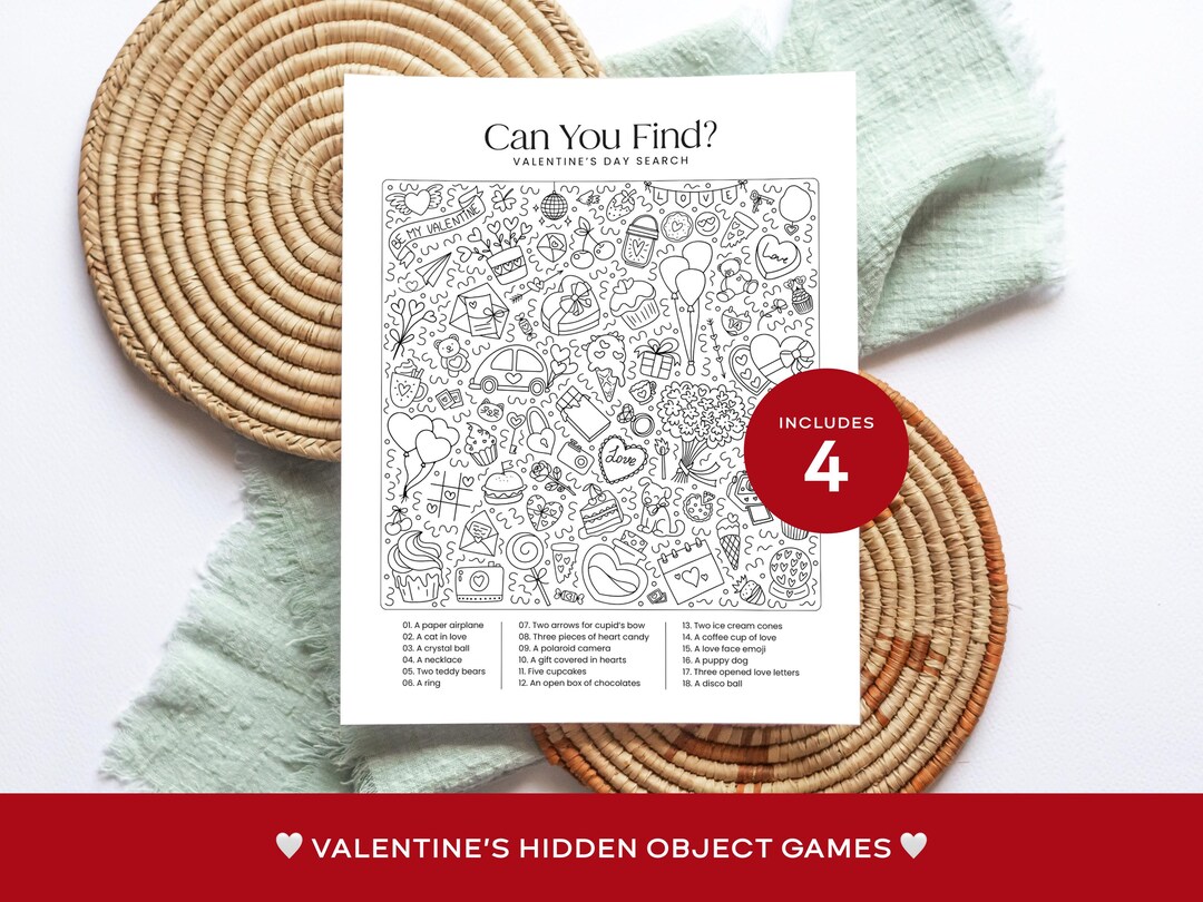 Valentine's Day Themed Hidden Object Game: Set of Four Printable Games ...