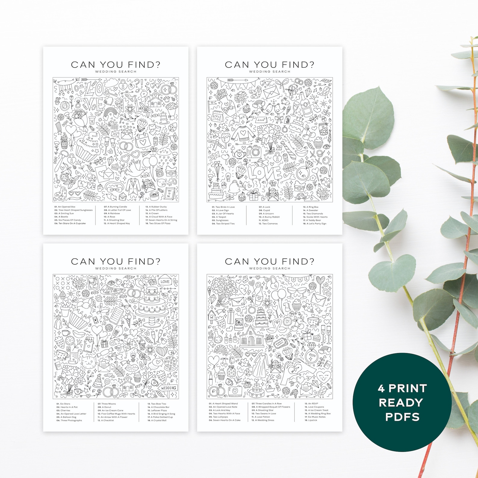 Wedding Hidden Object Game: Set of Four Printable Reception Activities ...