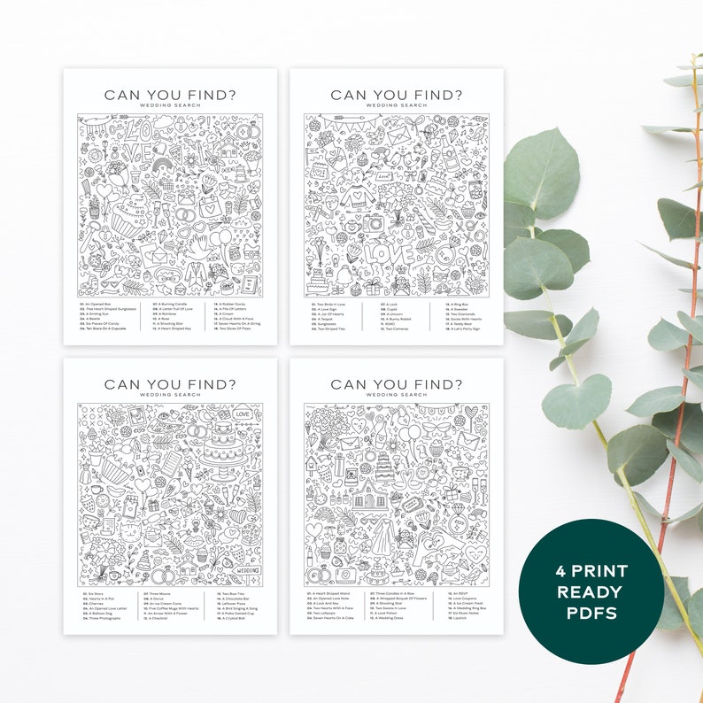 Wedding Hidden Object Game: Set of Four Printable Reception Activities ...