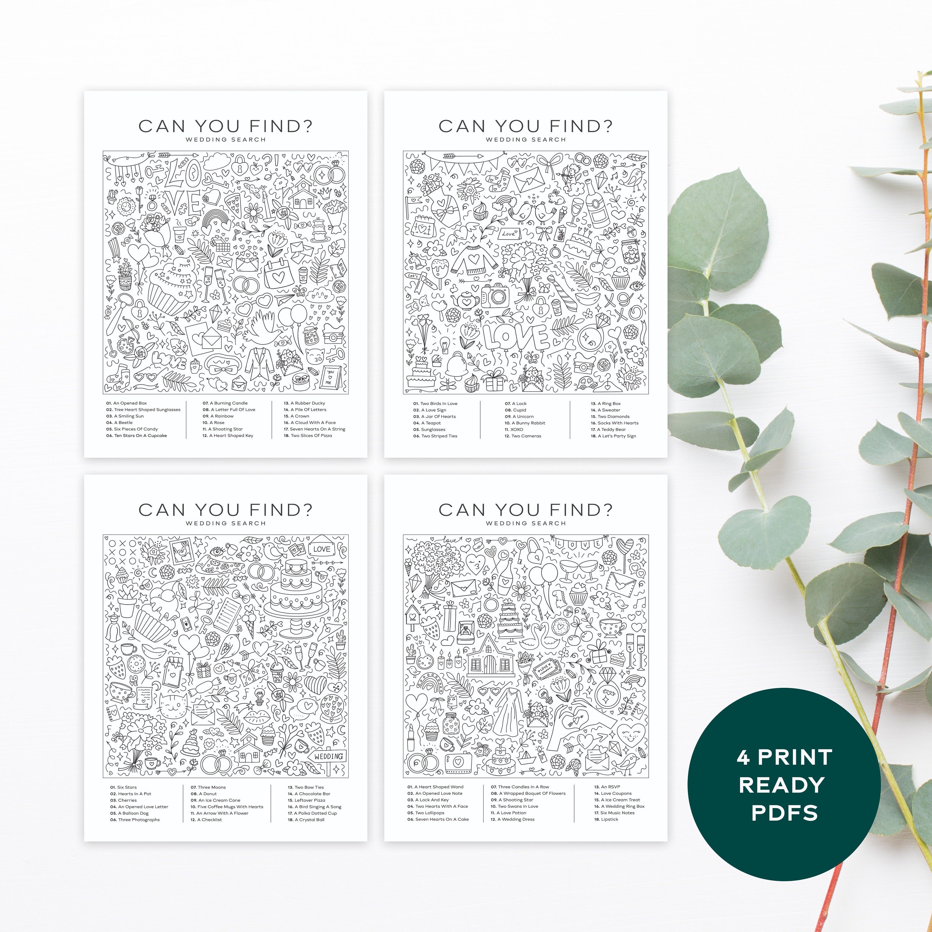 Wedding Hidden Object Game: Set of Four Printable Reception Activities ...