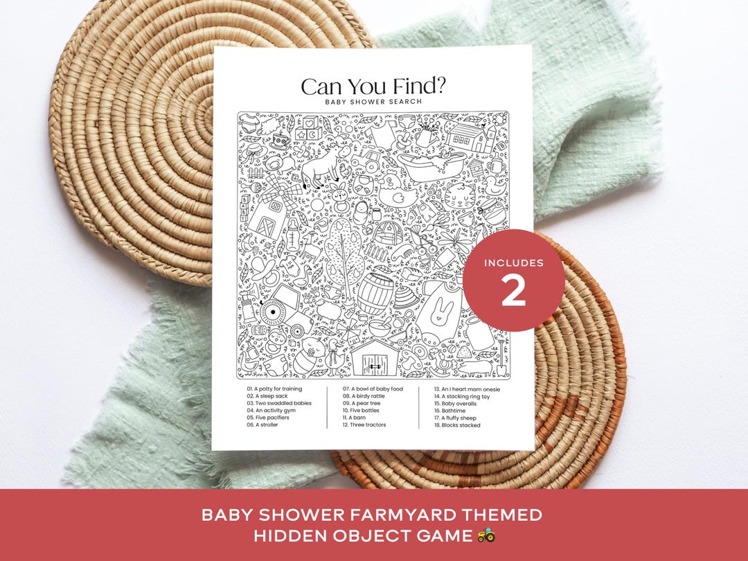 Farm Themed Hidden Object Baby Shower Game: Set of Two Printable Games ...