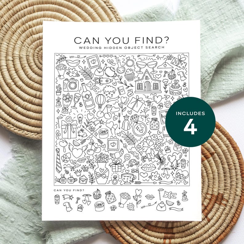 Set of Four Hidden Objects Wedding Game, Wedding Reception Games ...