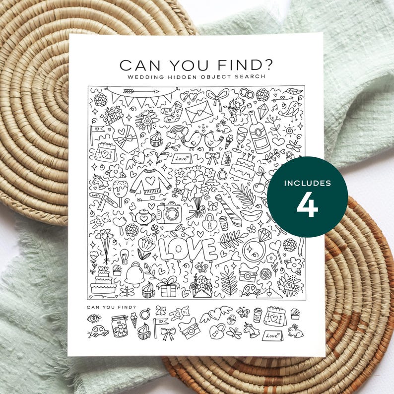 Set of Four Hidden Objects Wedding Game, Wedding Reception Games ...