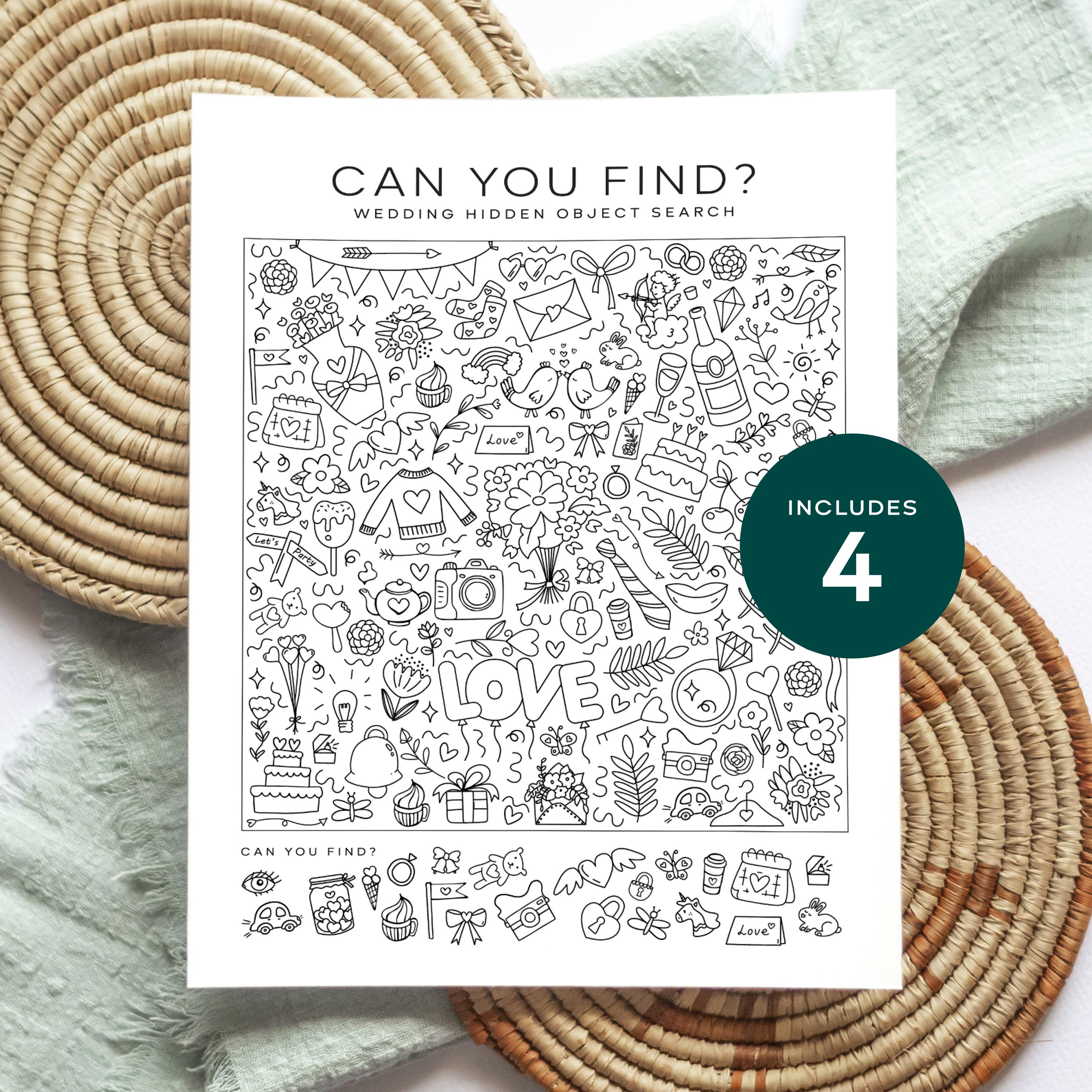 Set of Four Hidden Objects Wedding Game, Wedding Reception Games ...