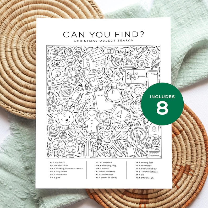 Set of Eight Hidden Objects Christmas Game, Christmas Party Games ...