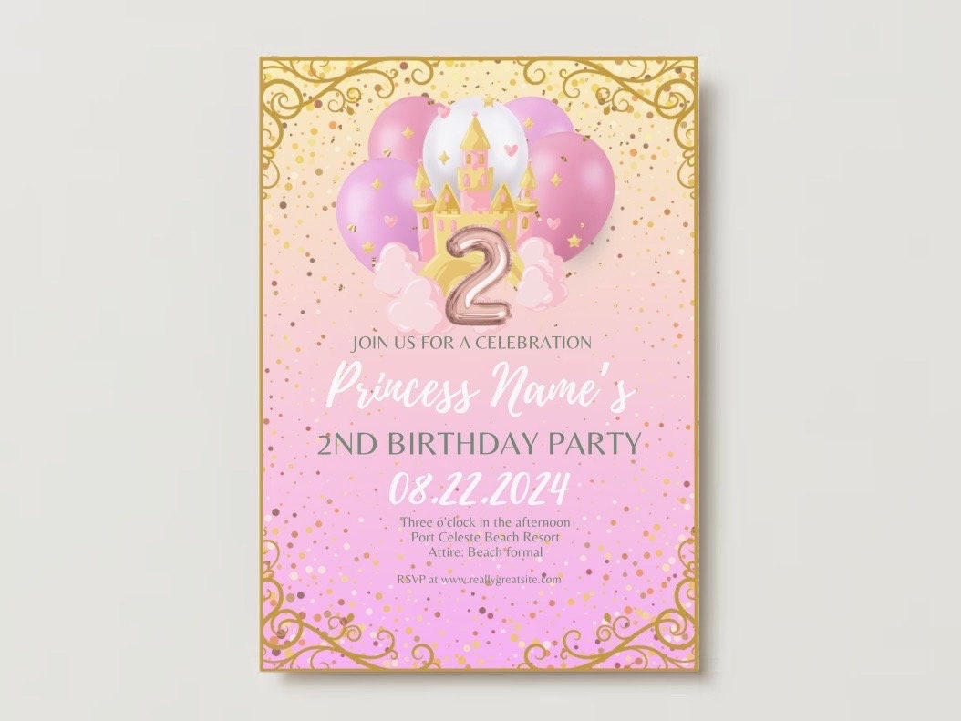Princess Birthday Invitations Flyers Digital Template Princess Birthday ...