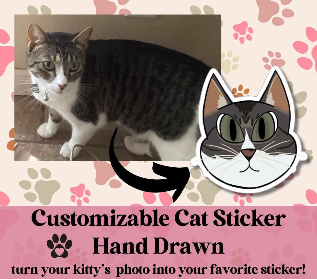 Custom Cat Stickers, Hand Drawn Cat Face Sticker, Laptop Sticker, Gift ...