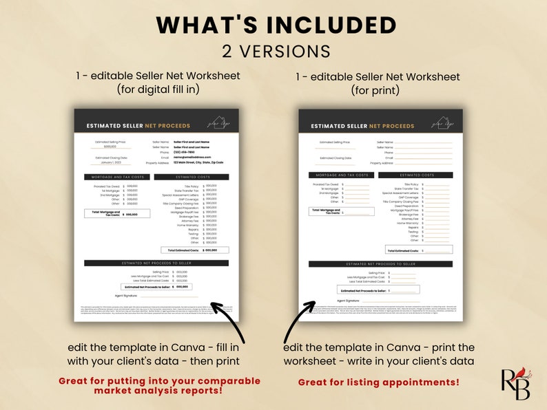 Seller Net Proceeds Worksheet, Seller Net Worksheet, Real Estate Seller ...