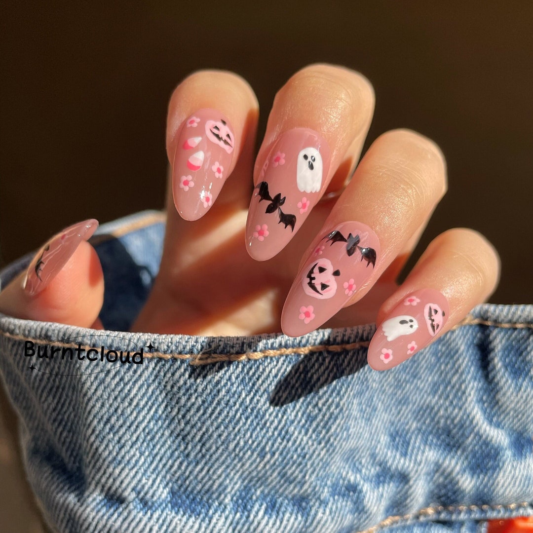 152 "ghosts in Pink" Cute Halloween Pink Ghost & Pumpkin Press on Nails ...