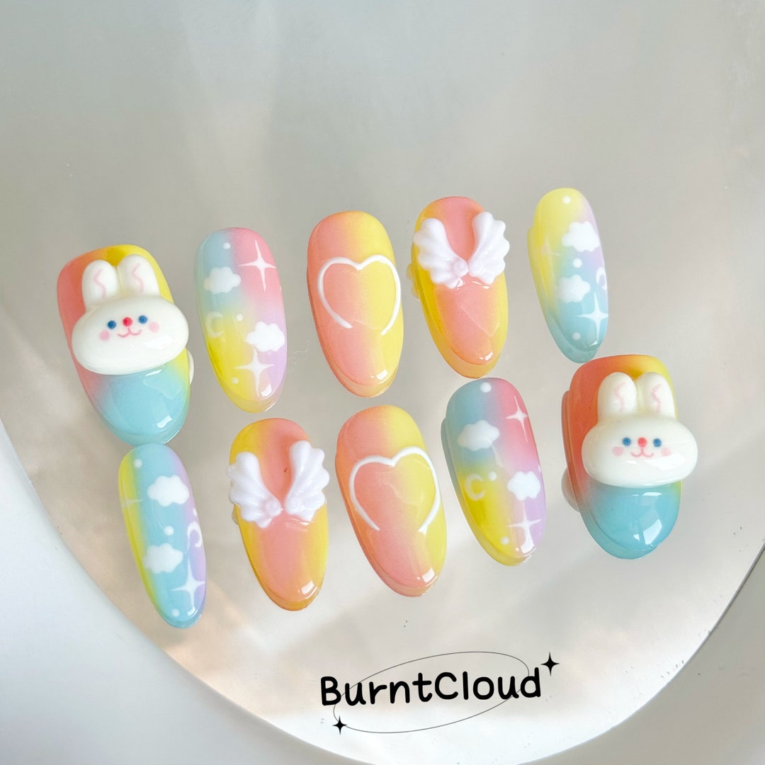 115 "rainbow Bunny" Kawaii Cute 3D Rabbits Charm Ombre Press on Nails ...