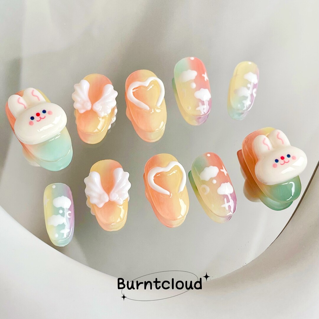115 rainbow Bunny Kawaii Cute 3D Rabbits Charm Ombre Press on Nails ...