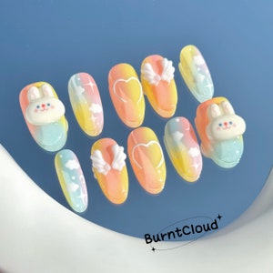 115 "rainbow Bunny" Kawaii Cute 3D Rabbits Charm Ombre Press on Nails ...