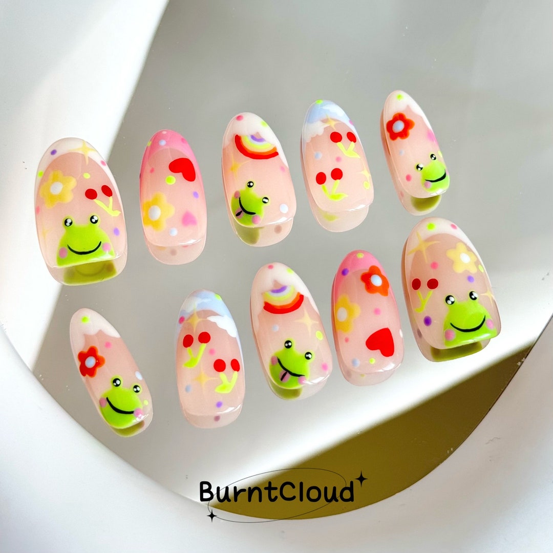 176 "frog Prince" Cute Frog Cherry Heart Frenchtip Press on Nails ...