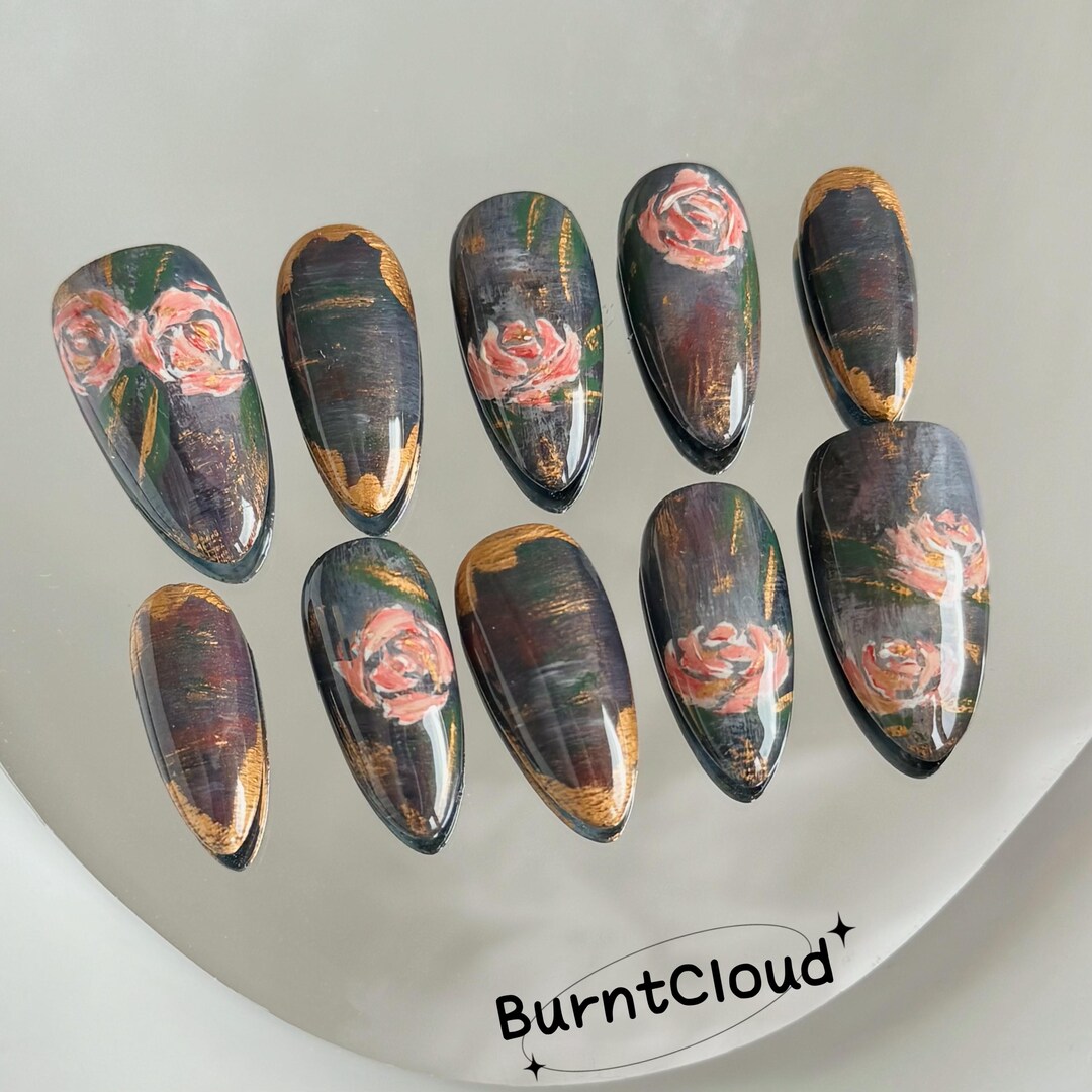239 "roses" Monet Oil Painting Style Retro Black Gold Press on Nails ...