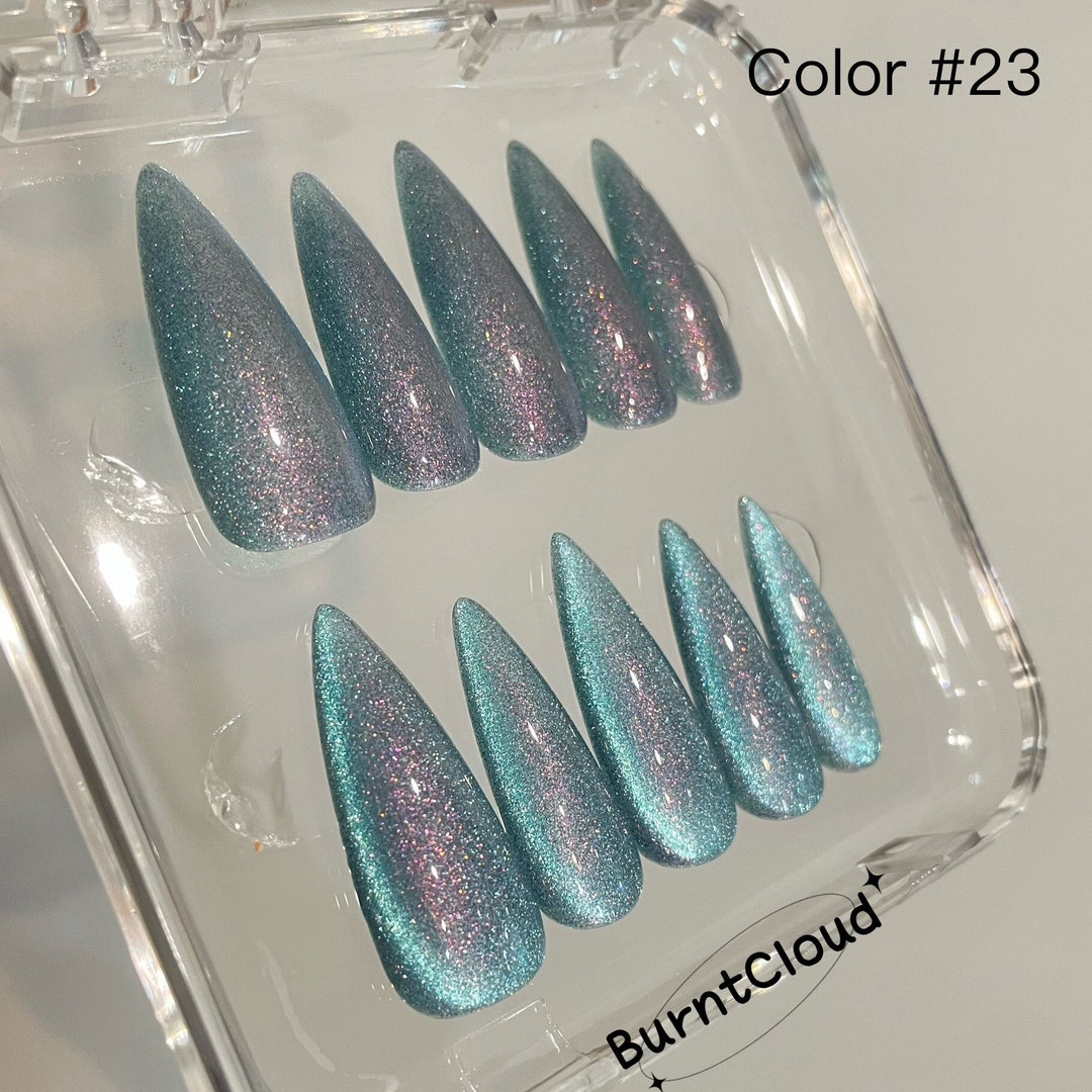 101 "galaxy" #23 Cat Eye Aurora Blue Color Glitter Press on Nails ...
