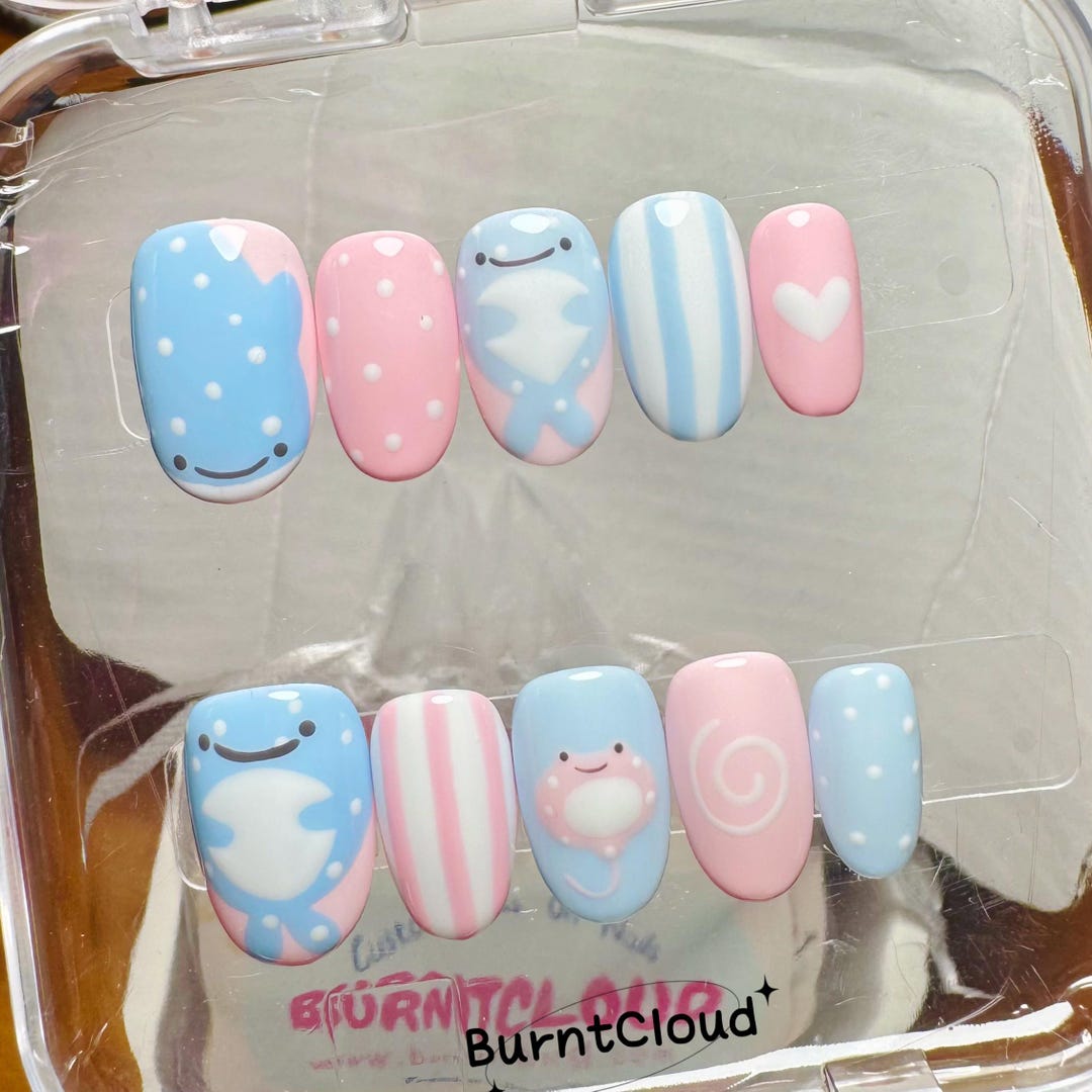 320 "ocean Kindergarten" Press on Nails: Baby Whales, Stingray, Pink ...