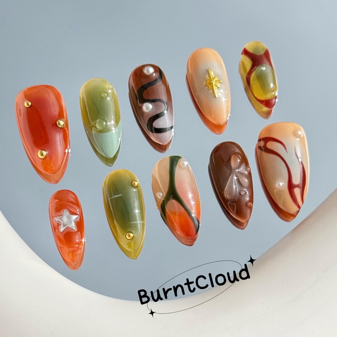 215 "marsh" Freestyle 3D Ombre Frenchtips Waterdrops Grass Press on Nails | Custom Hand-painted ...