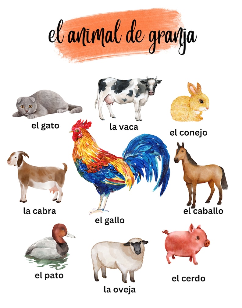 Farm Animals Printables, Watercolor Animals, Spanish Education Toy Room ...