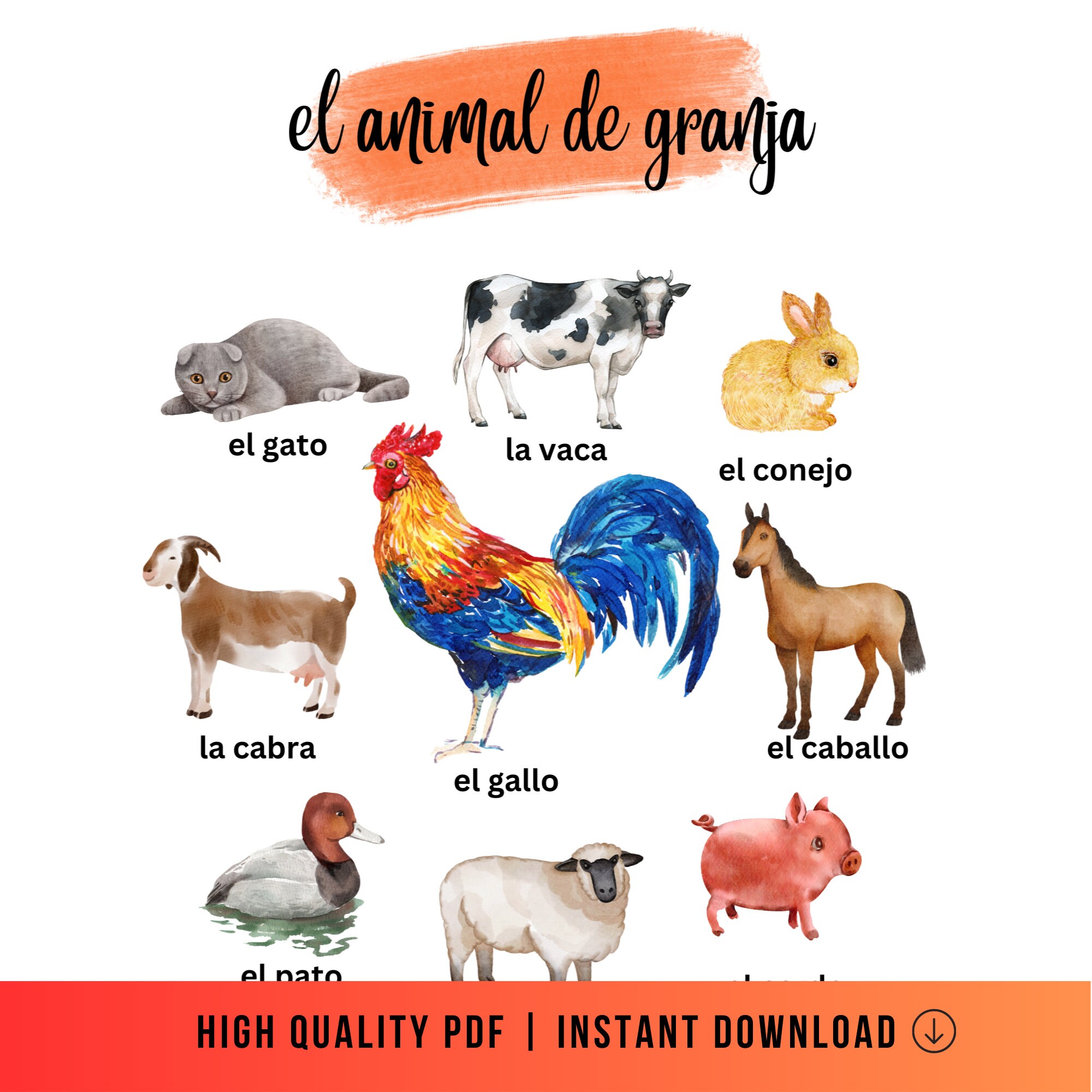 Farm Animals Printables, Watercolor Animals, Spanish Education Toy Room ...
