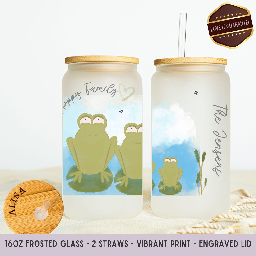 Personalized Frog Family Iced Coffee Cup, Frogs Custom Can Glass With ...