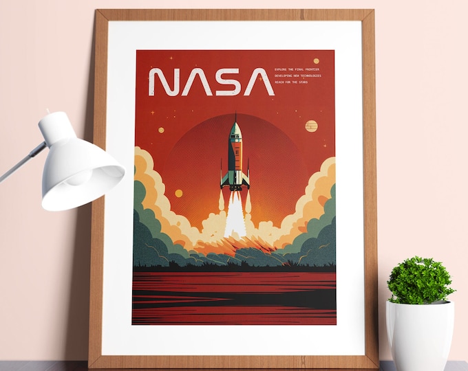 NASA Inspired Retro Space Rocket Poster - Printable Wall Art, Digital ...