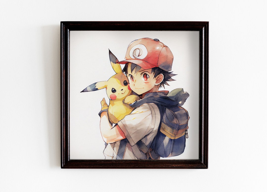 Ash Hugging Pikachu Pokemon Watercolour Printable Wall Art Etsy