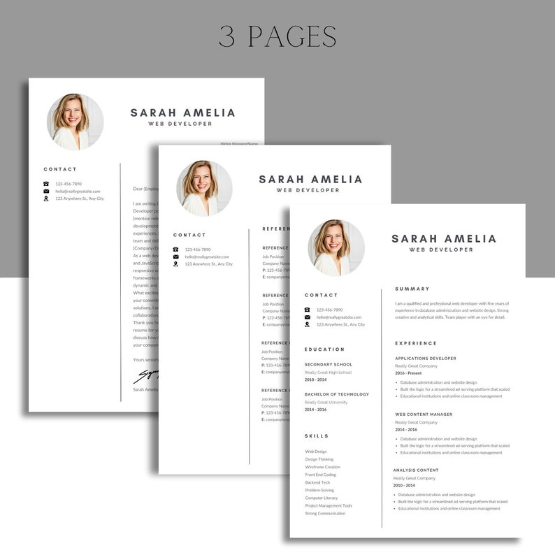 Resume Template With Photo, Professional Resume Template for Word & Pages, Clean CV Template ...