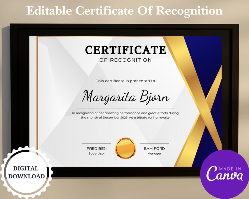 Printable Recognition Gift Certificate Canva Template, Customized ...