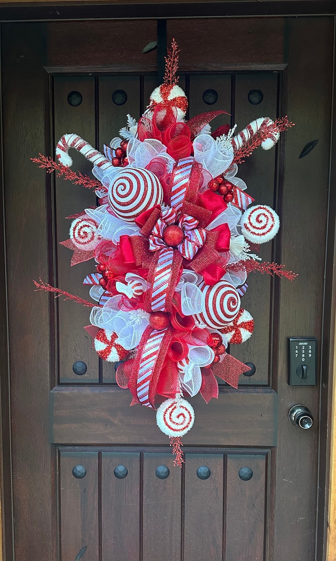 Peppermint Candy Cane Christmas Wreath Swag Front Door Decor - Etsy