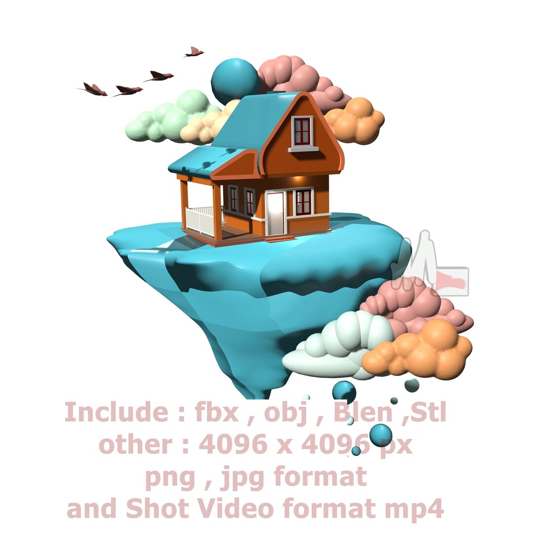 3D Model of a Floating House in Shades of Orange and Cyan Color ...