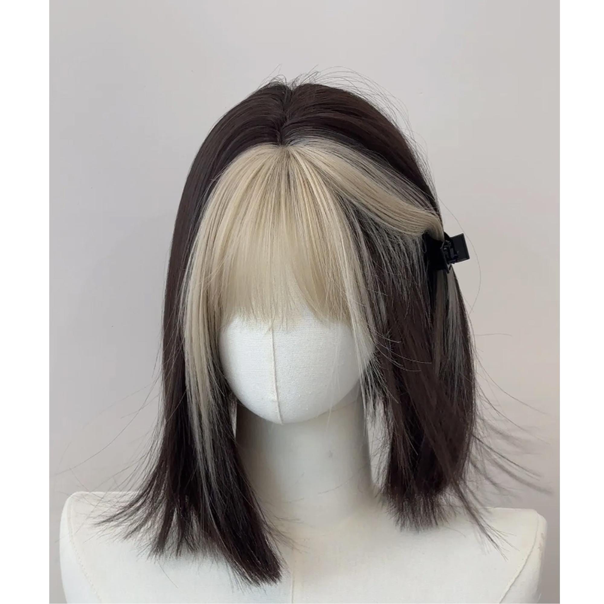 Platinum Blonde Bob Wig | Fringe Highlights Straight Synthetic Fibers ...