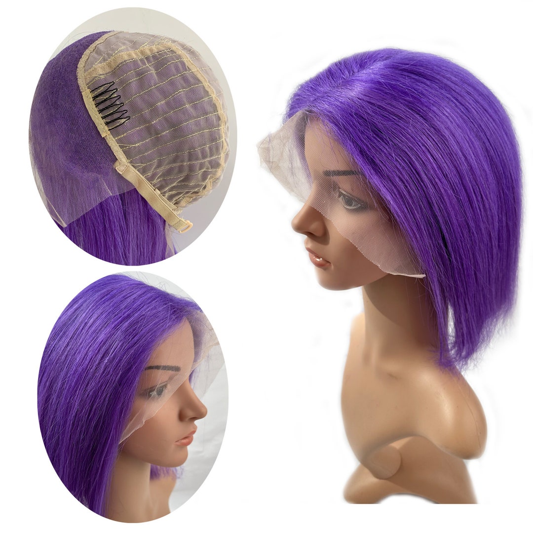 12 Inches Human Hair Lace Front Wigs, T Shape Purple Color Short Bob ...