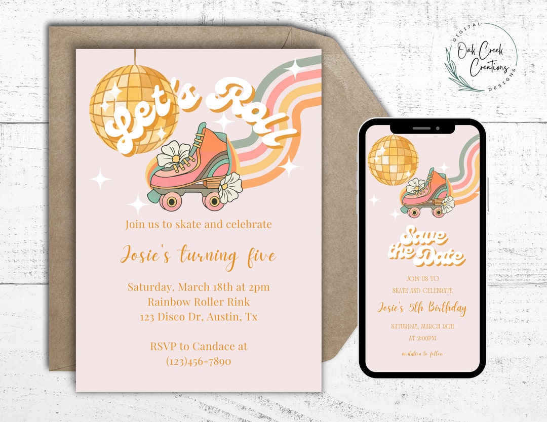 Skate Birthday Party Invitation Template, Retro Party Invite + Save the ...