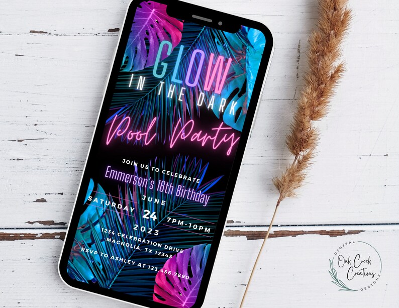 Glow Pool Party Digital Animated Video Invitation Template, Glow in the ...