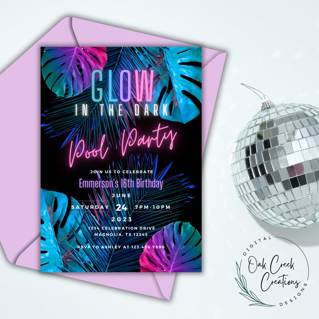 Glow Pool Party 5x7 Invitation Template, Glow in the Dark Birthday ...