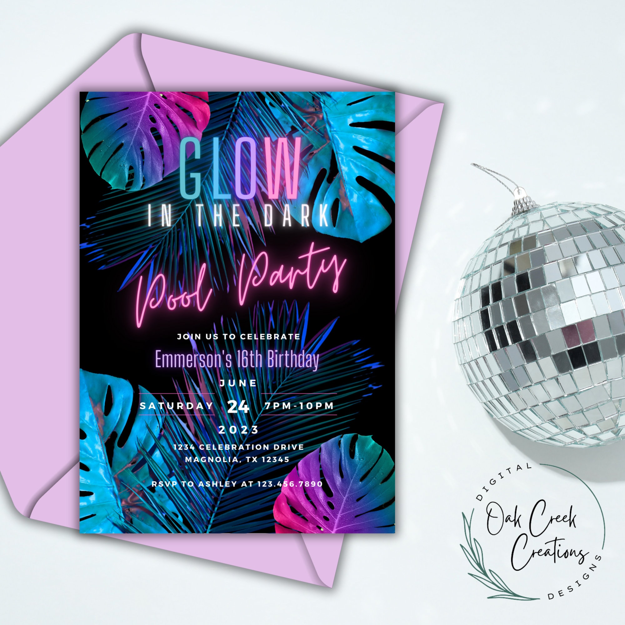 Glow Pool Party 5x7 Invitation Template, Glow in the Dark Birthday ...
