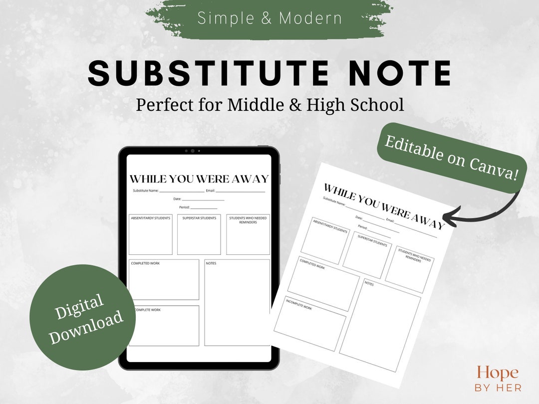 Simple Substitute Teacher Printable, Substitute Teacher Note, While You ...