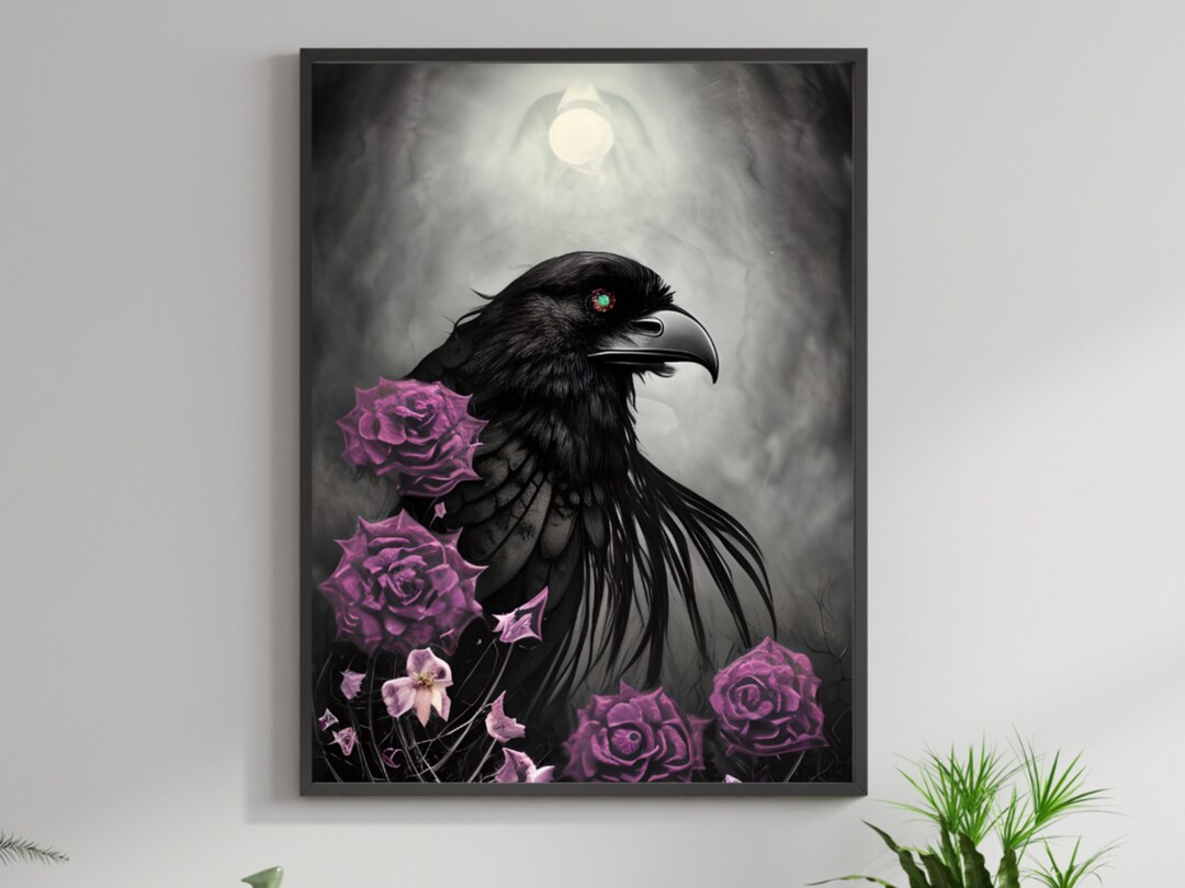 Gothic Raven With Purple Flowers Wall Art Witchy Dark and Eerie Crow ...