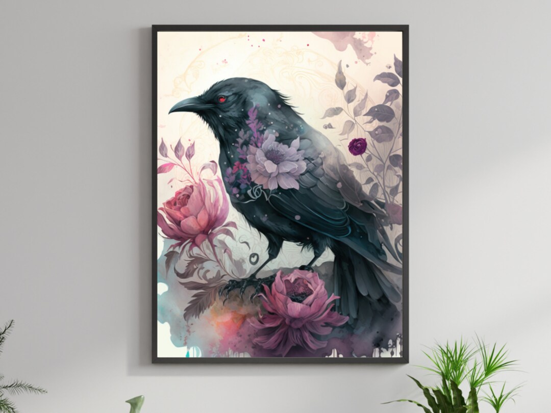 Raven Flowers Water Color Sky Wall Art Witchy Dark and Eerie Crow ...