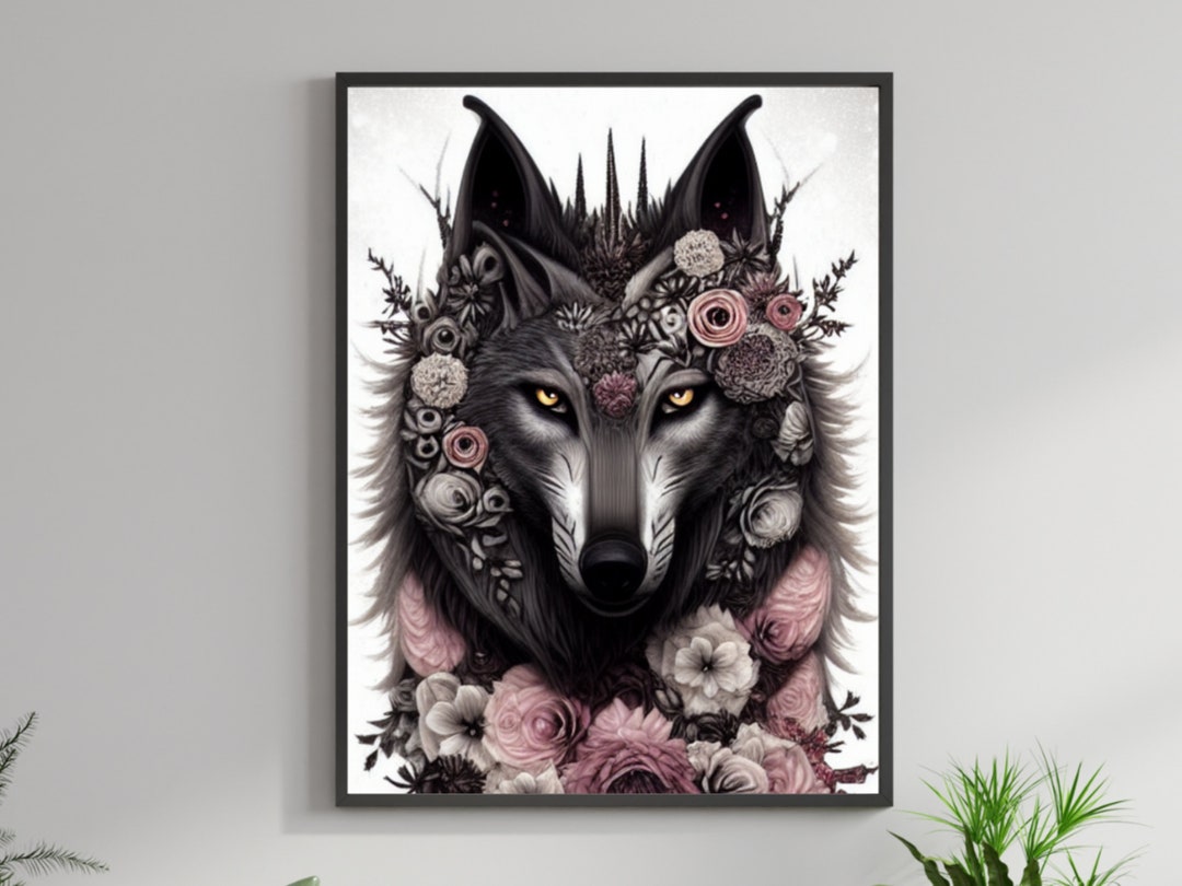 Gothic Fantasy Wolf With Flowers Wall Art Witchy Dark and Eerie Wolf ...