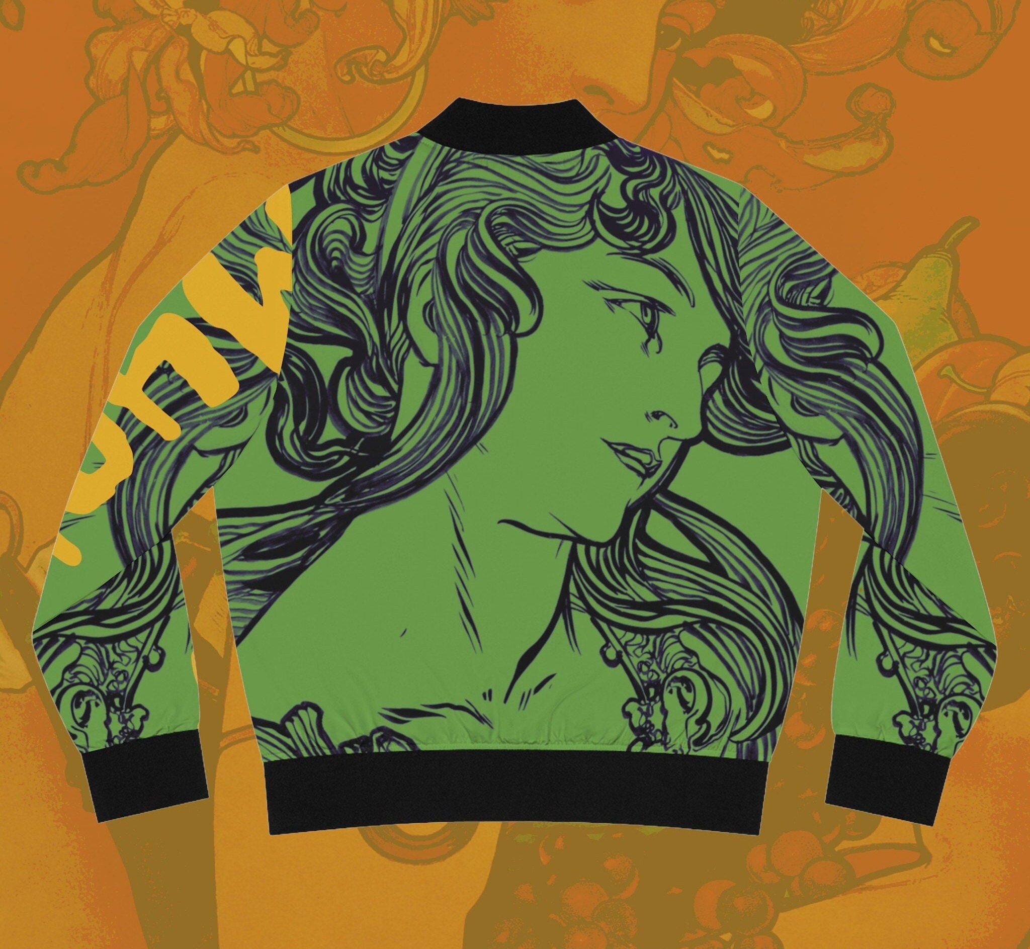Illustrated Bomber All Over Print Alphonse Mucha Gold and Green ...