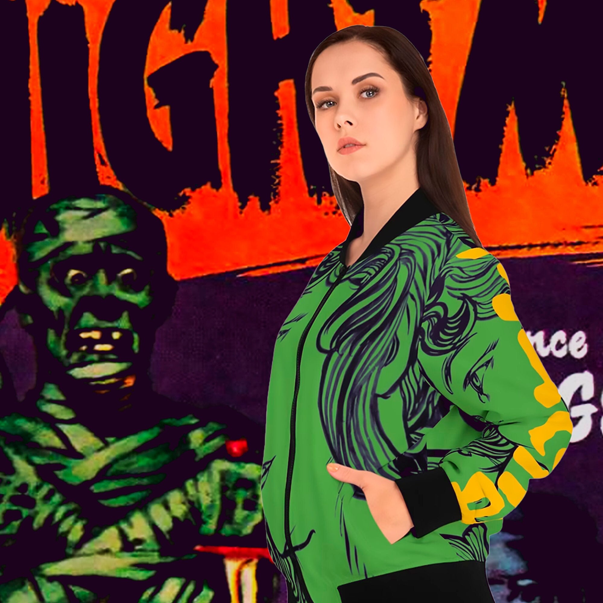 Illustrated Bomber All Over Print Alphonse Mucha Gold and Green ...