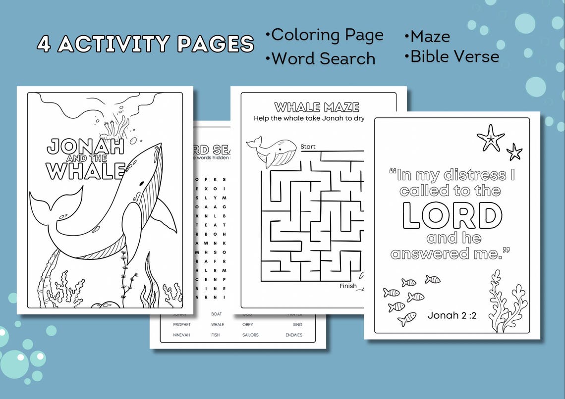 Jonah and the Whale Activity Pages | Coloring, Maze, Word Search, Bible ...