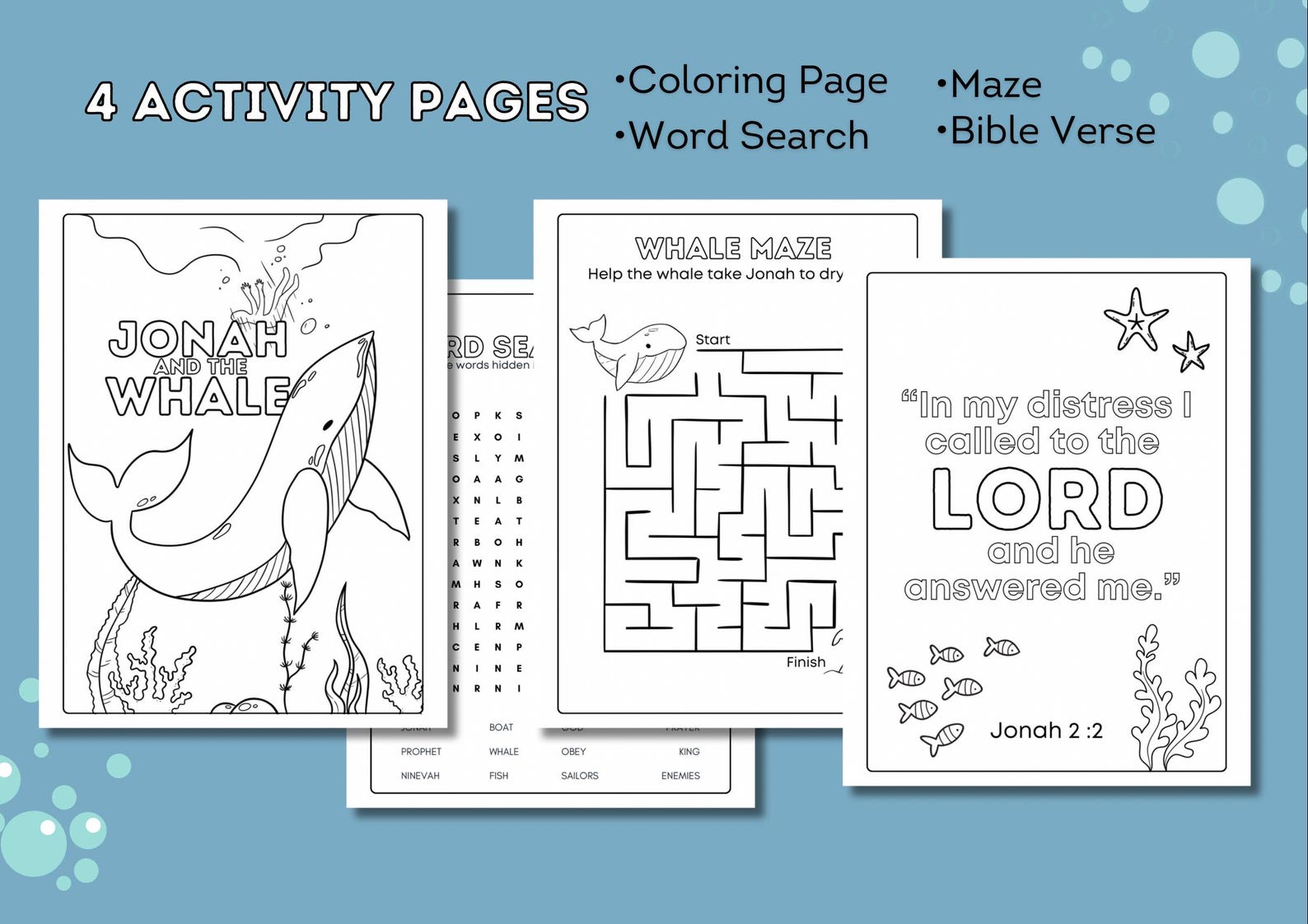 Jonah and the Whale Activity Pages | Coloring, Maze, Word Search, Bible ...