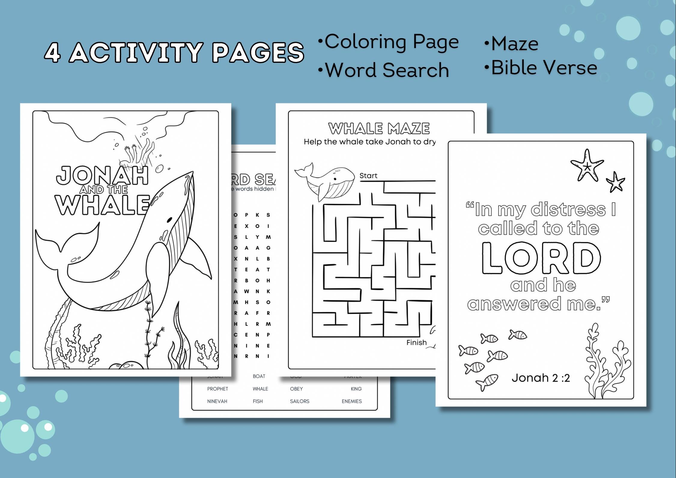 Jonah and the Whale Activity Pages | Coloring, Maze, Word Search, Bible ...