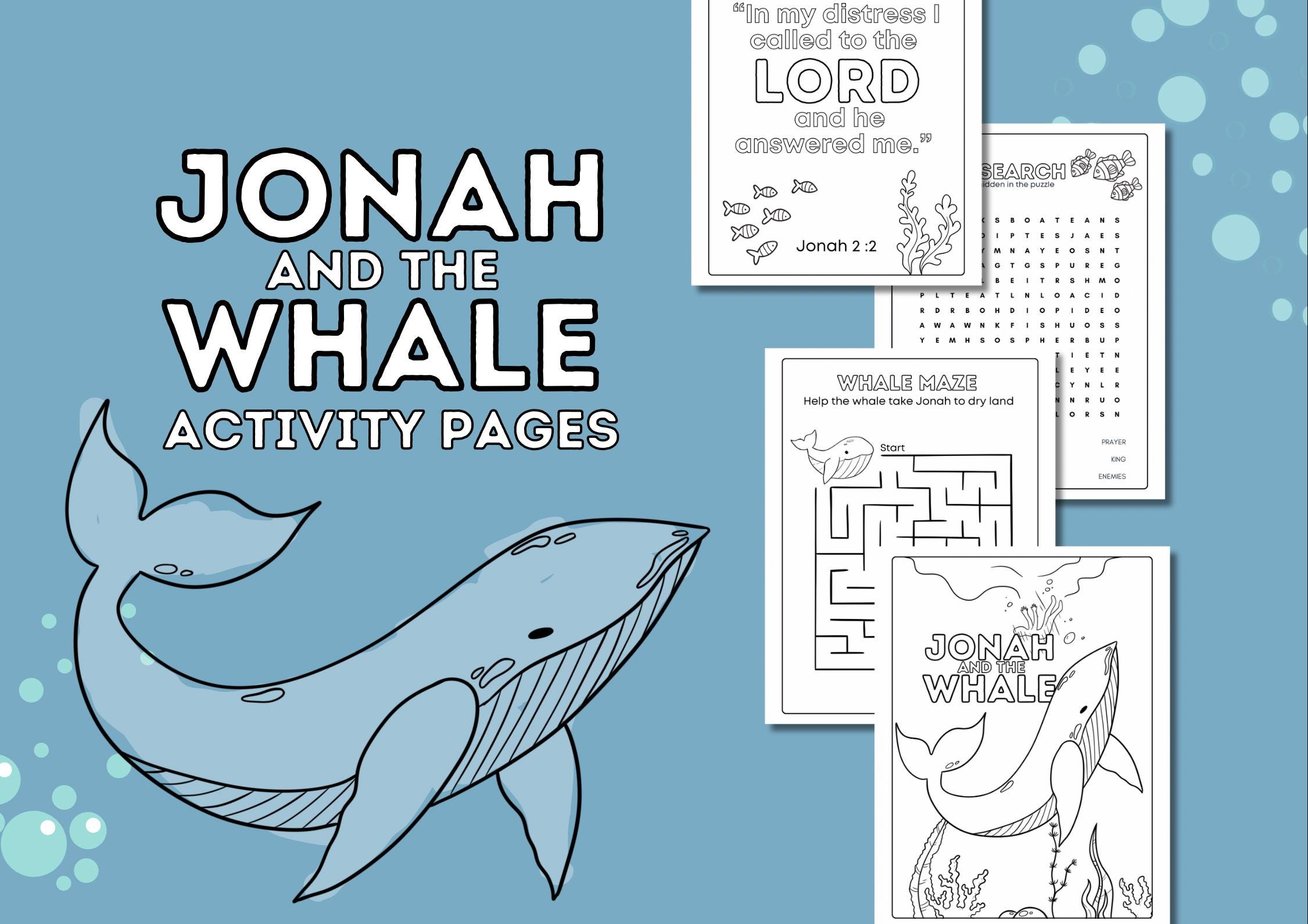 Jonah and the Whale Activity Pages | Coloring, Maze, Word Search, Bible ...