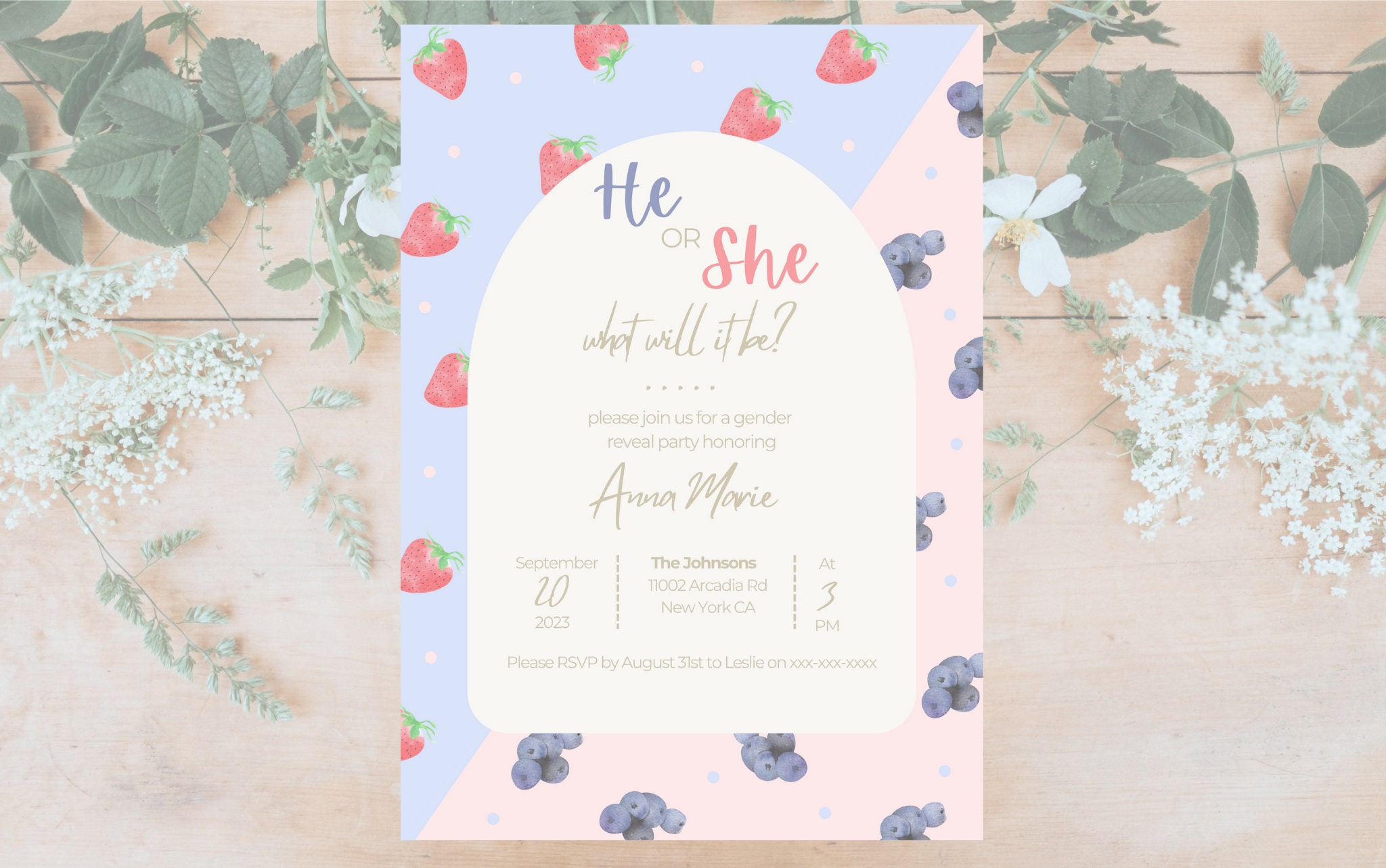 Editable Strawberry Blueberry Gender Reveal Invitation - Etsy