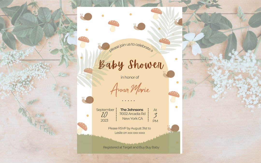 Cottage Core Baby Shower Invitation Template, Mushroom Snail Baby ...