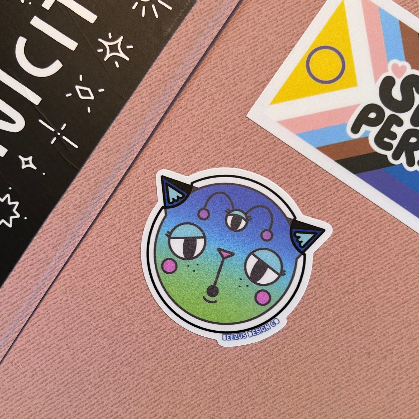 Blue and Neon Green Gradient Ombré Space Alien Kitty Premium Waterproof ...